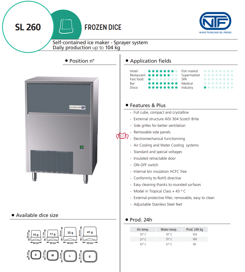 NTF SL260 100公斤制冰机_商用制冰机_冷藏冷冻电器设备_国际品牌商用厨房设备批发_进口酒店厨房设备_进口商用厨具 国际大品牌代理批发，一手货源——深圳市招财猫酒店设备用品公司