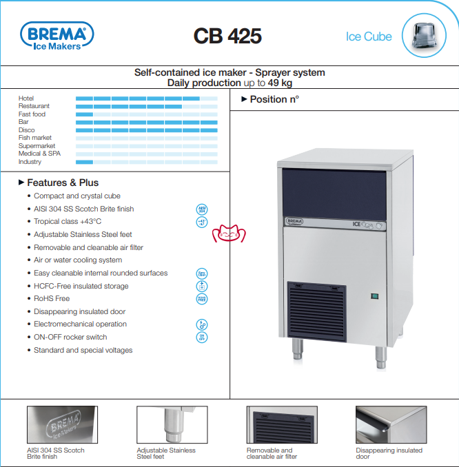 BREMA CB425 制方冰机（46KG)_商用制冰机_冷藏冷冻电器设备_国际品牌商用厨房设备批发_进口酒店厨房设备_进口商用厨具 国际大品牌代理批发，一手货源——深圳市招财猫酒店设备用品公司